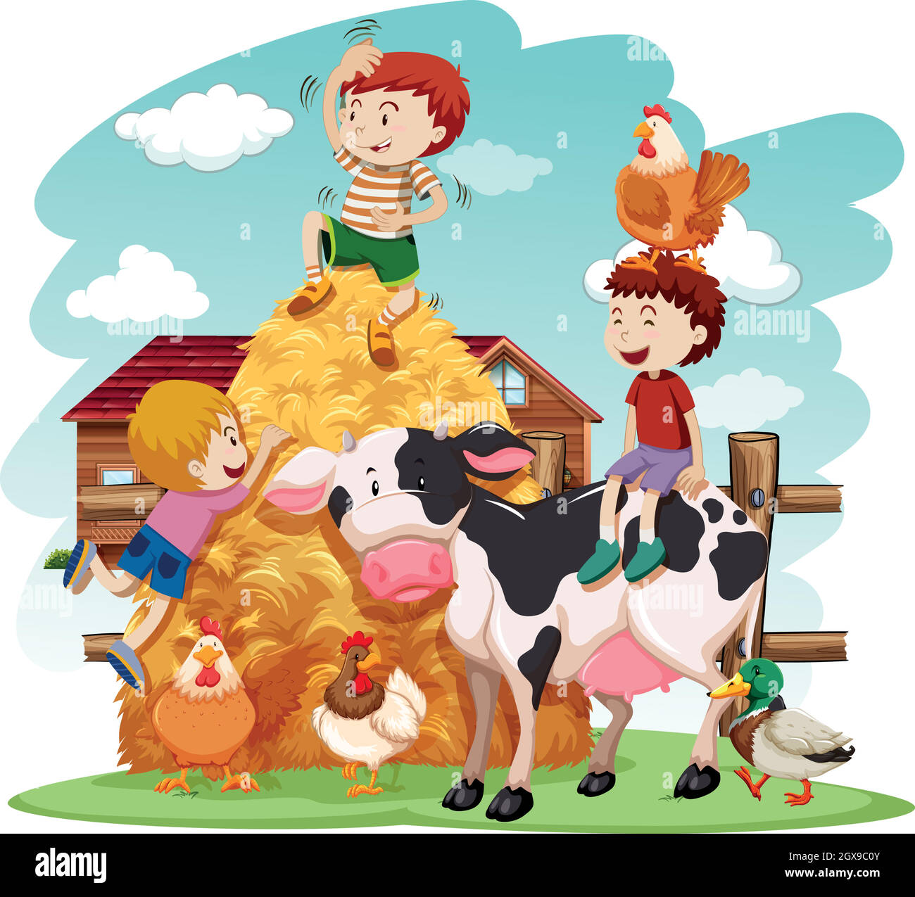Kids playing with farm animals in field Stock Vector Image & Art - Alamy