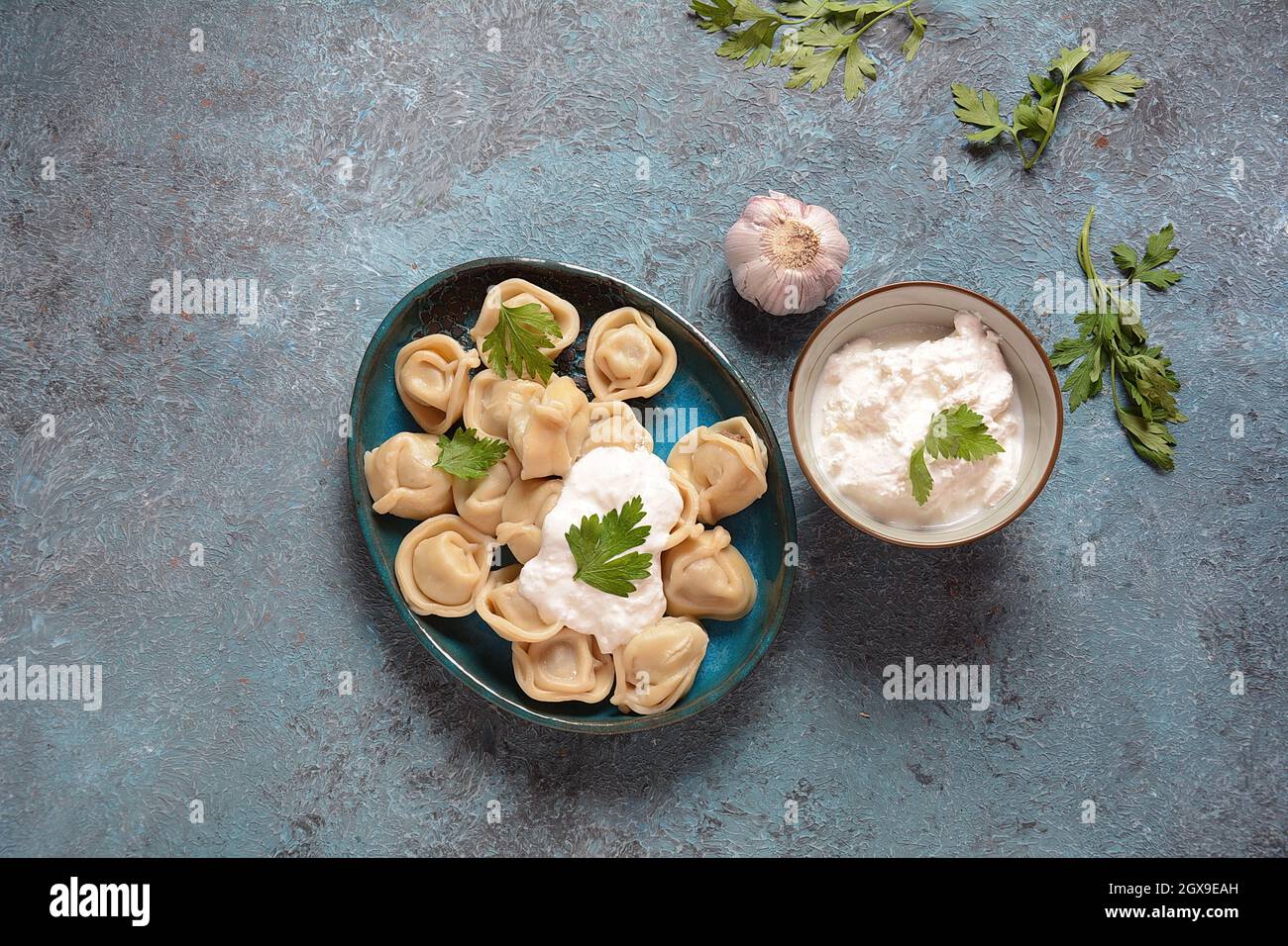 Homemade Meat Dumplings served with sour cream and fresh parsley on ...