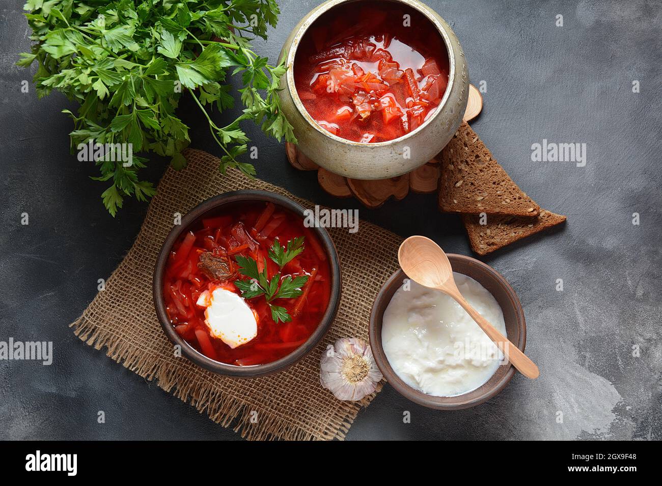 Traditional Ukrainian Russian borscht . Bowl of red beet root soup ...