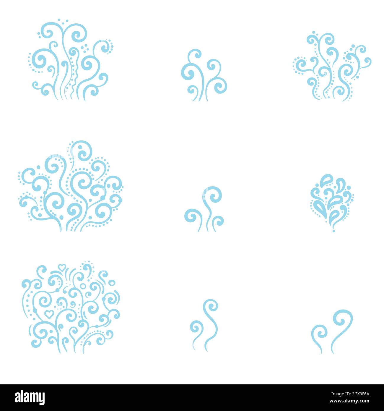 Set of abstract blue smoke elements. Hand drawn, sketch style, blue ...