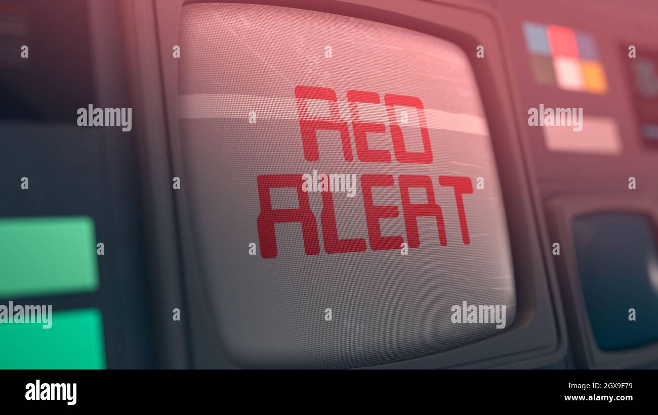 vintage science fiction computer, spaceship control room, red alert ...