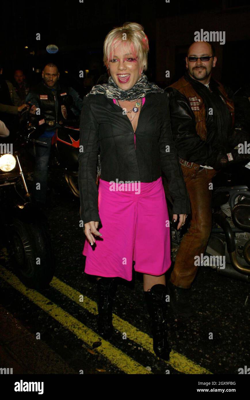 Pink arrived with a gang of bikers to her launch party for the album ...