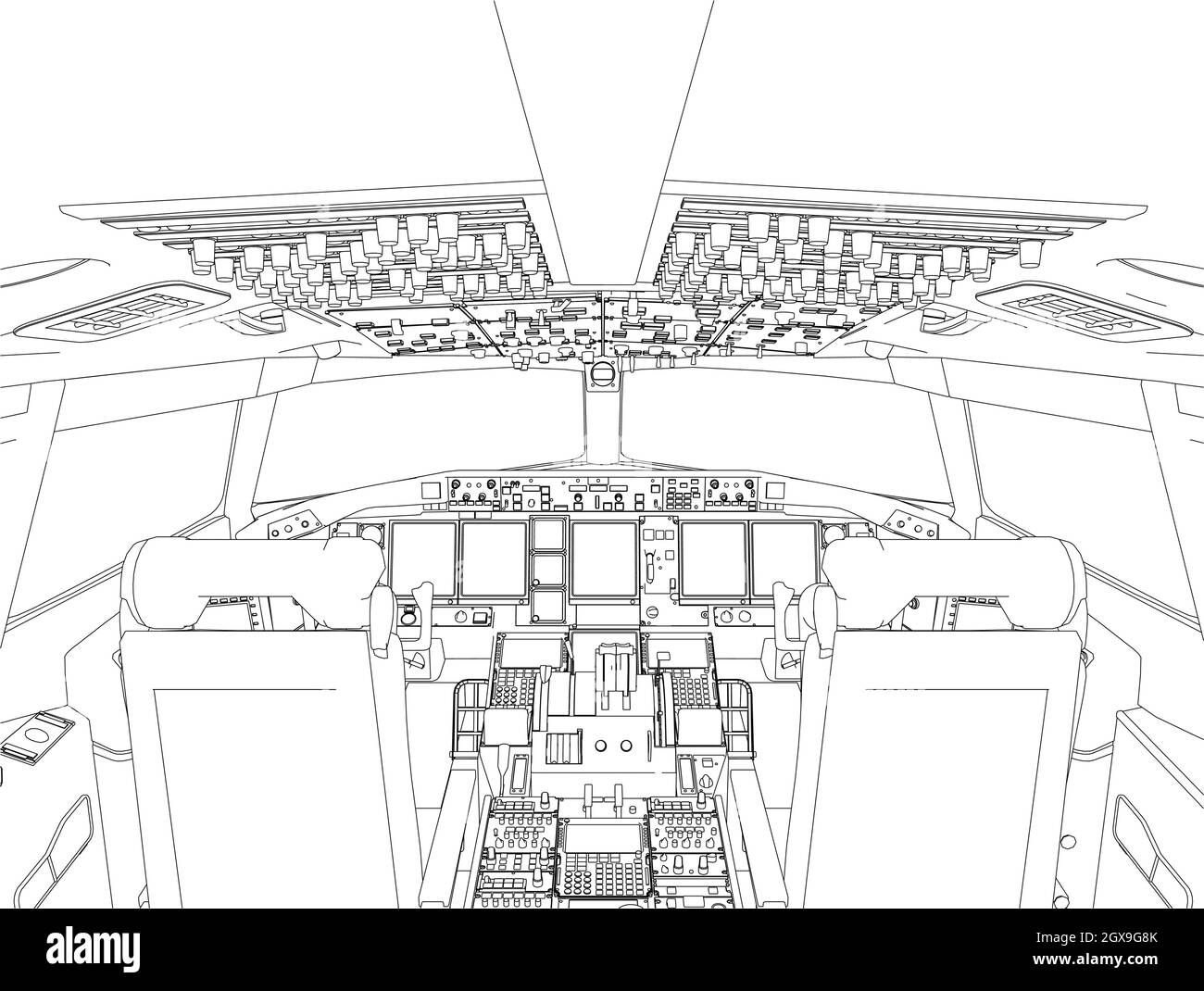 The contour of the aircraft cockpit from the inside from black lines ...