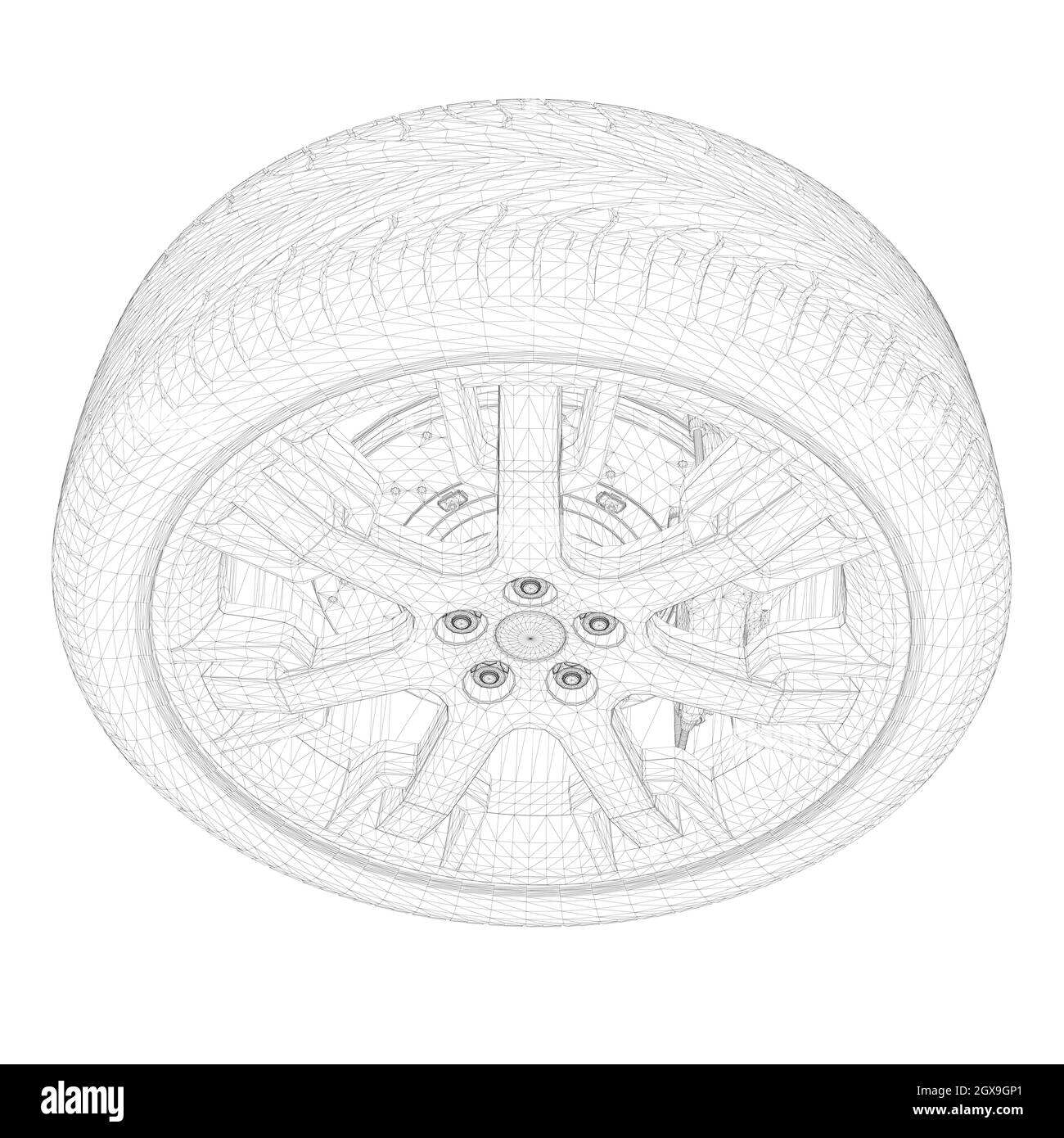 Car wheel wireframe from black lines isolated on white background. 3D ...