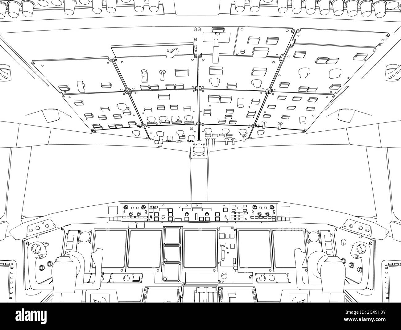 The contour of the aircraft cockpit from the inside from black lines ...