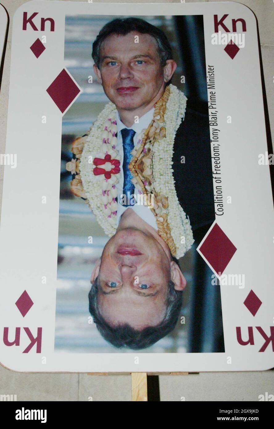 Blair cards / placards seen at the anti-Bush demonstration in London ...