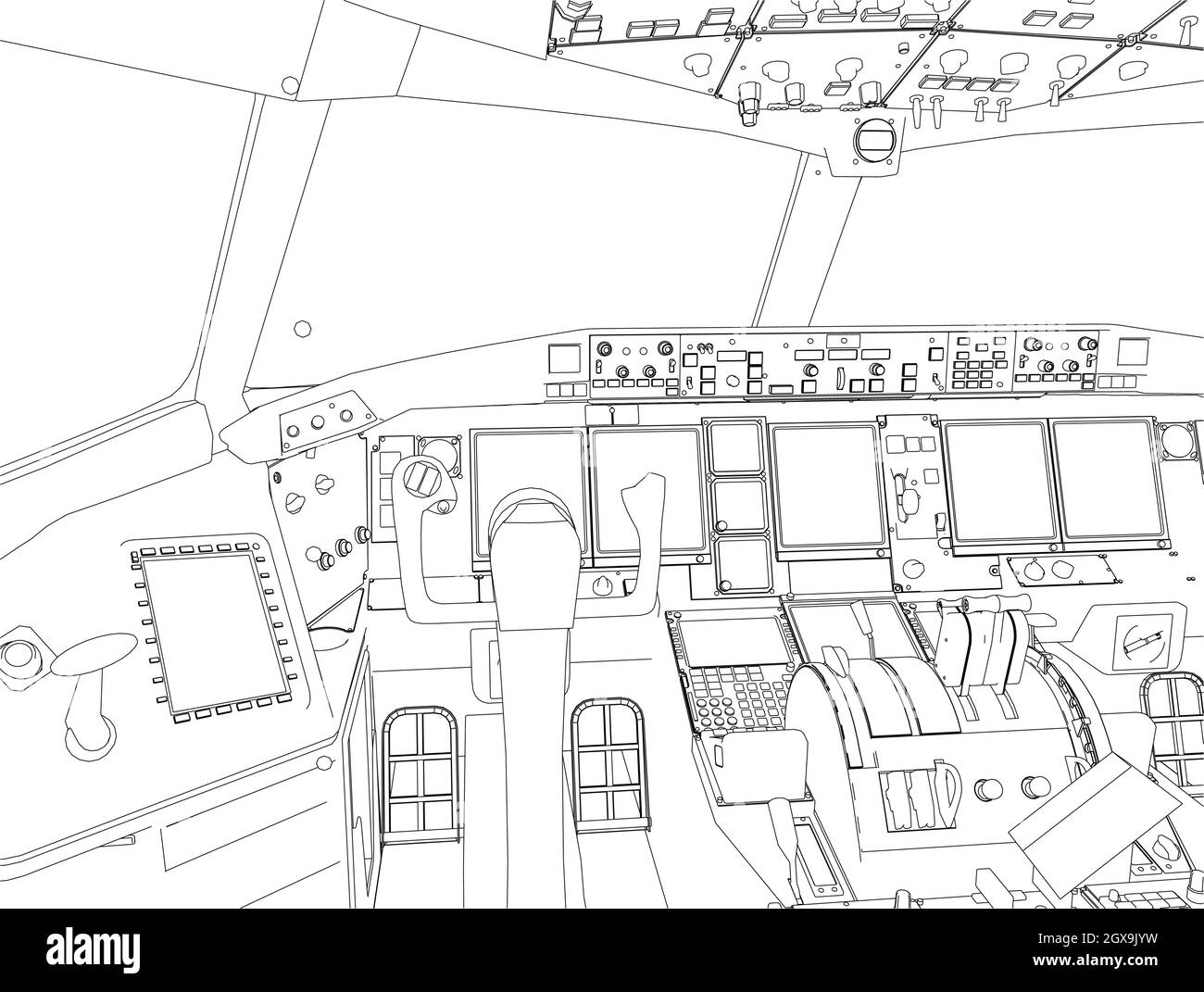 The contour of the aircraft cockpit from the inside from black lines ...