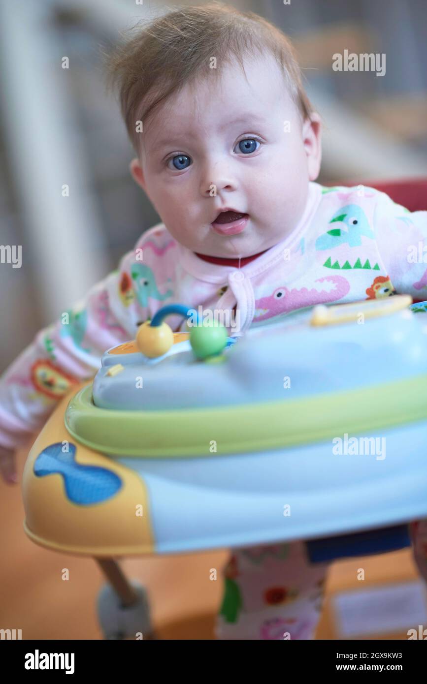 cute little baby learning to walk in walker at home Stock Photo - Alamy