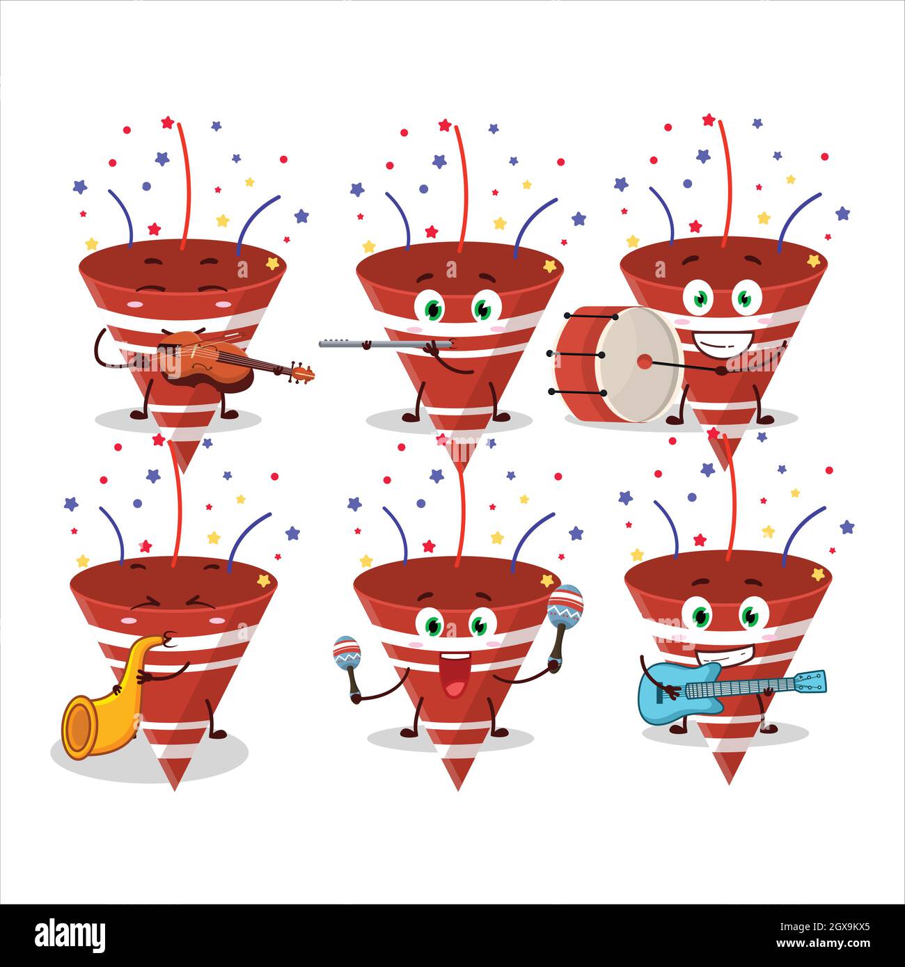 Cartoon character of red party popper with confetti playing some ...