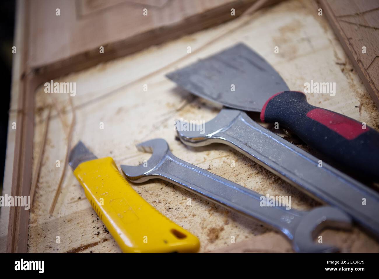 set of hand working tools on wooden background The concept of tools and ...