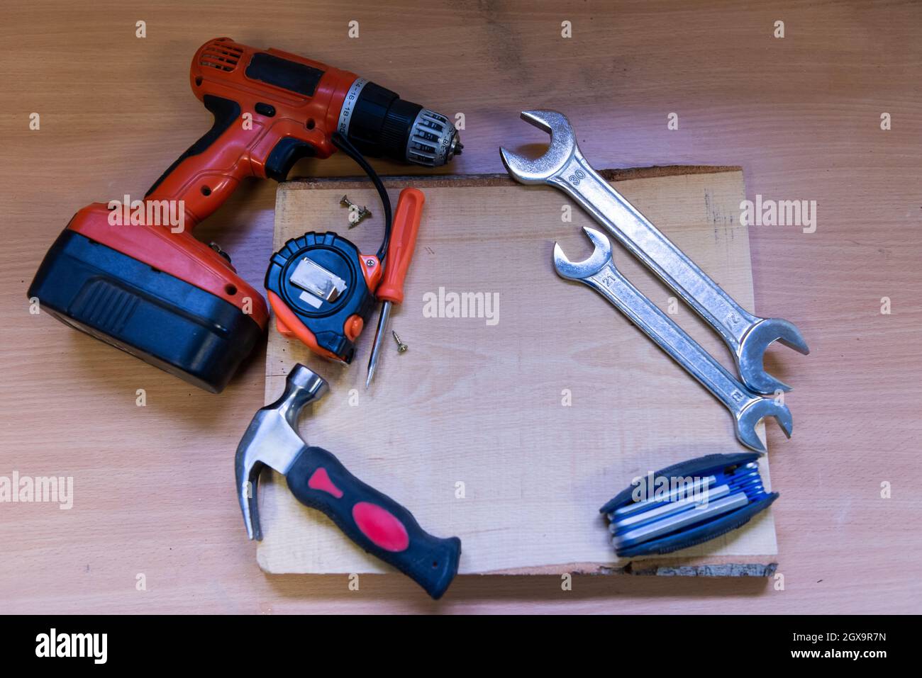set of hand working tools on wooden background The concept of tools and ...