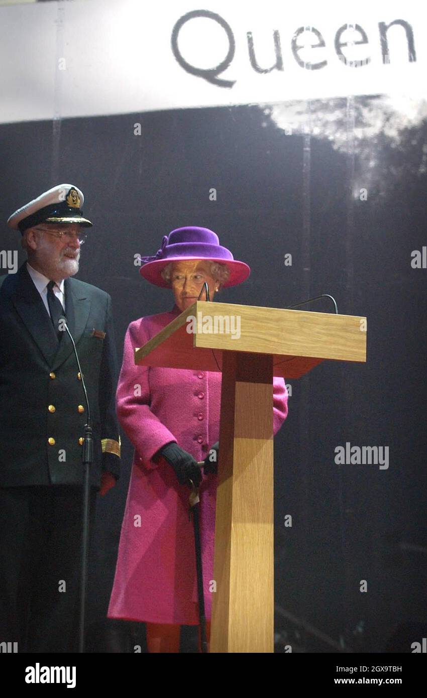 The Queen with Cmdr Ronald Warwick and Cunard President Pamela Conover ...