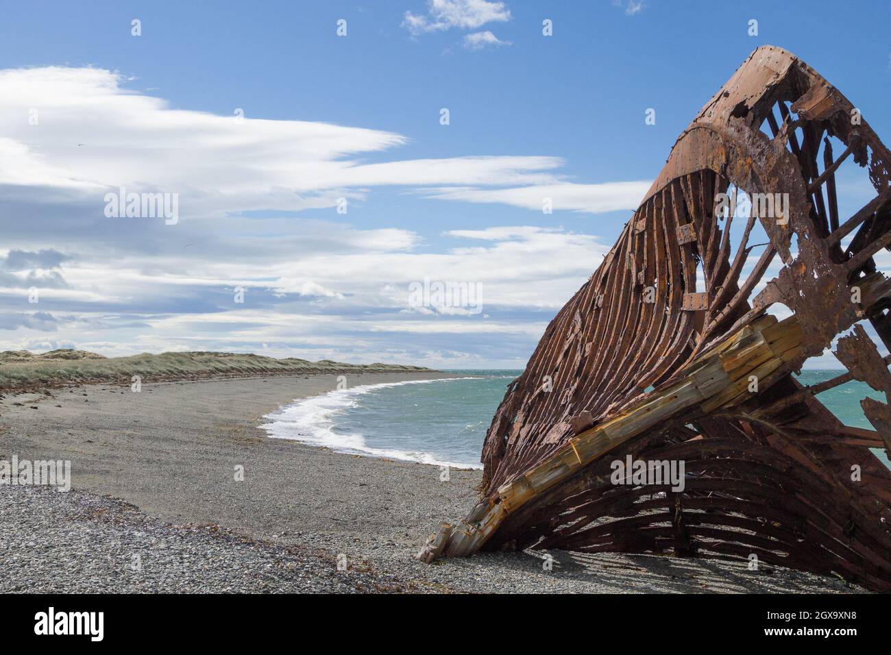 Wreckages on San Gregorio beach, Chile historic site. Beached ships ...