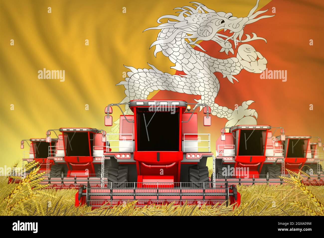 a lot of red farming combine harvesters on rural field with Bhutan flag ...