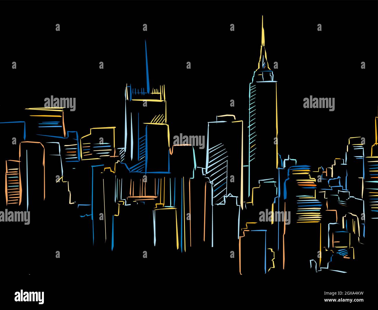 Colorful Metropolis Drawing on black. Well crafted vector sketch für ...