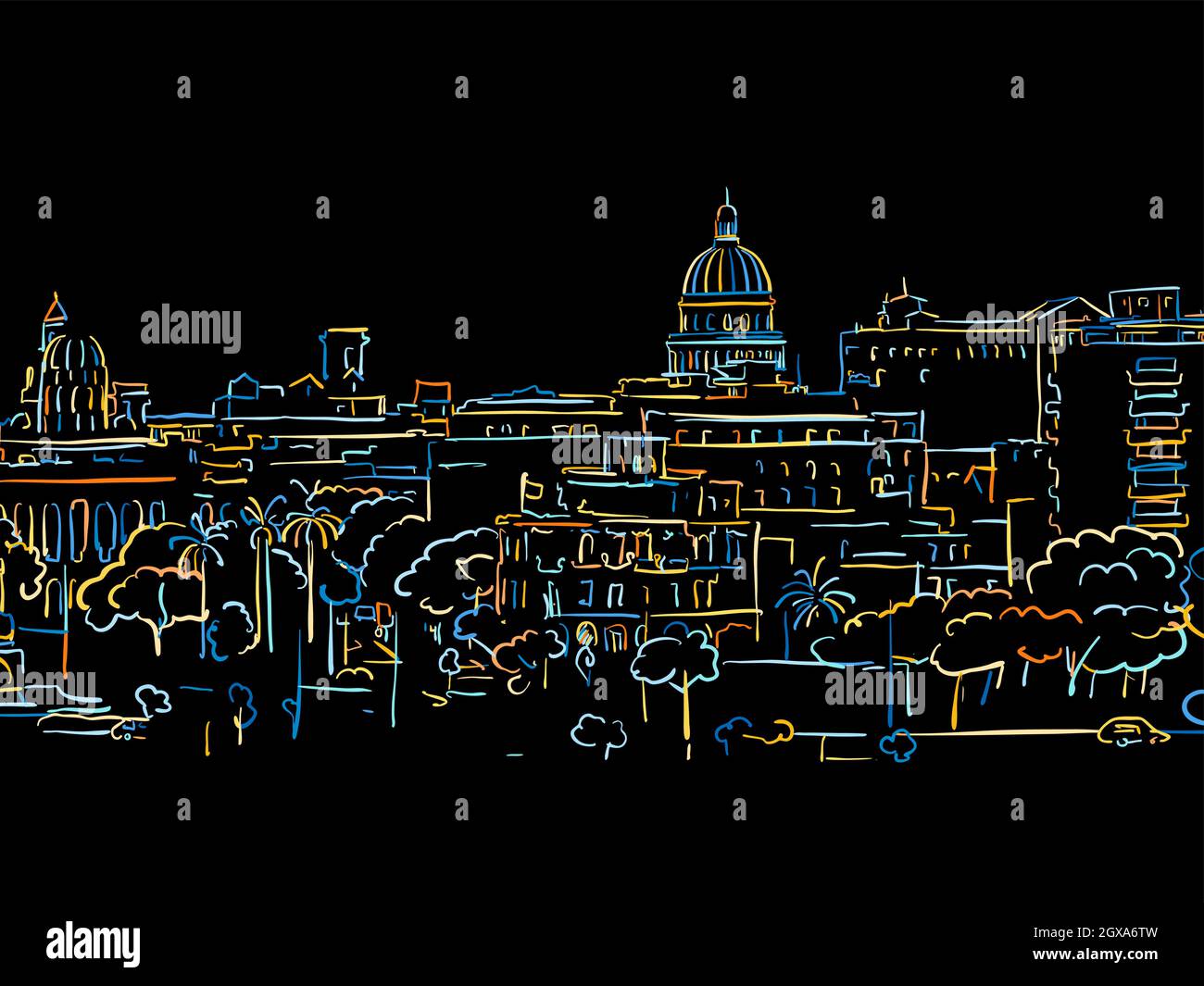 Colorful Havana Cuba Panorama Drawing on black. Well crafted vector ...