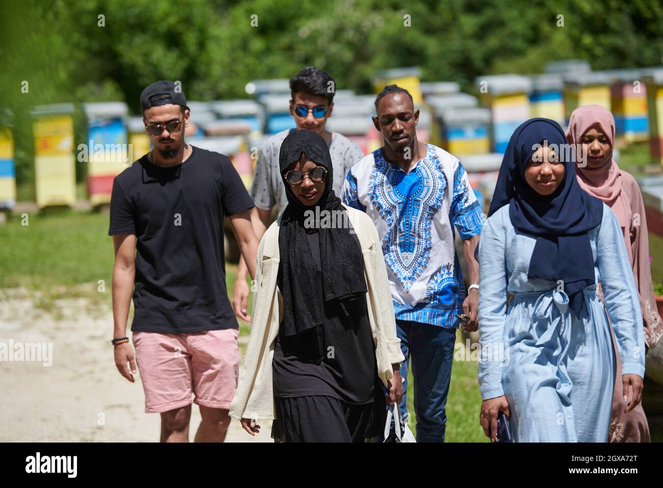 african muslim people group visiting local honey production farm Stock ...