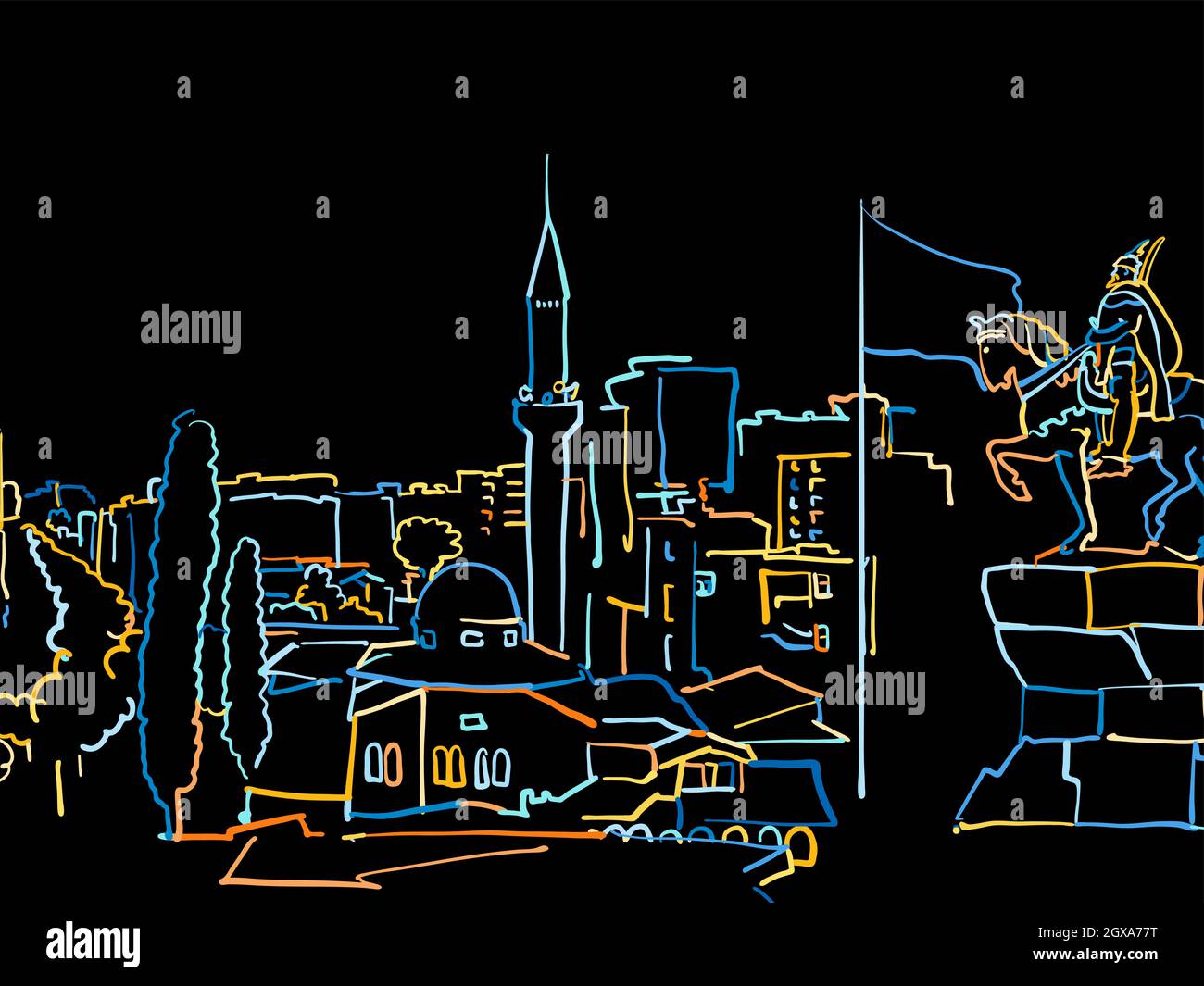 Colorful Tirana Albania Panorama Drawing on black. Well crafted vector ...