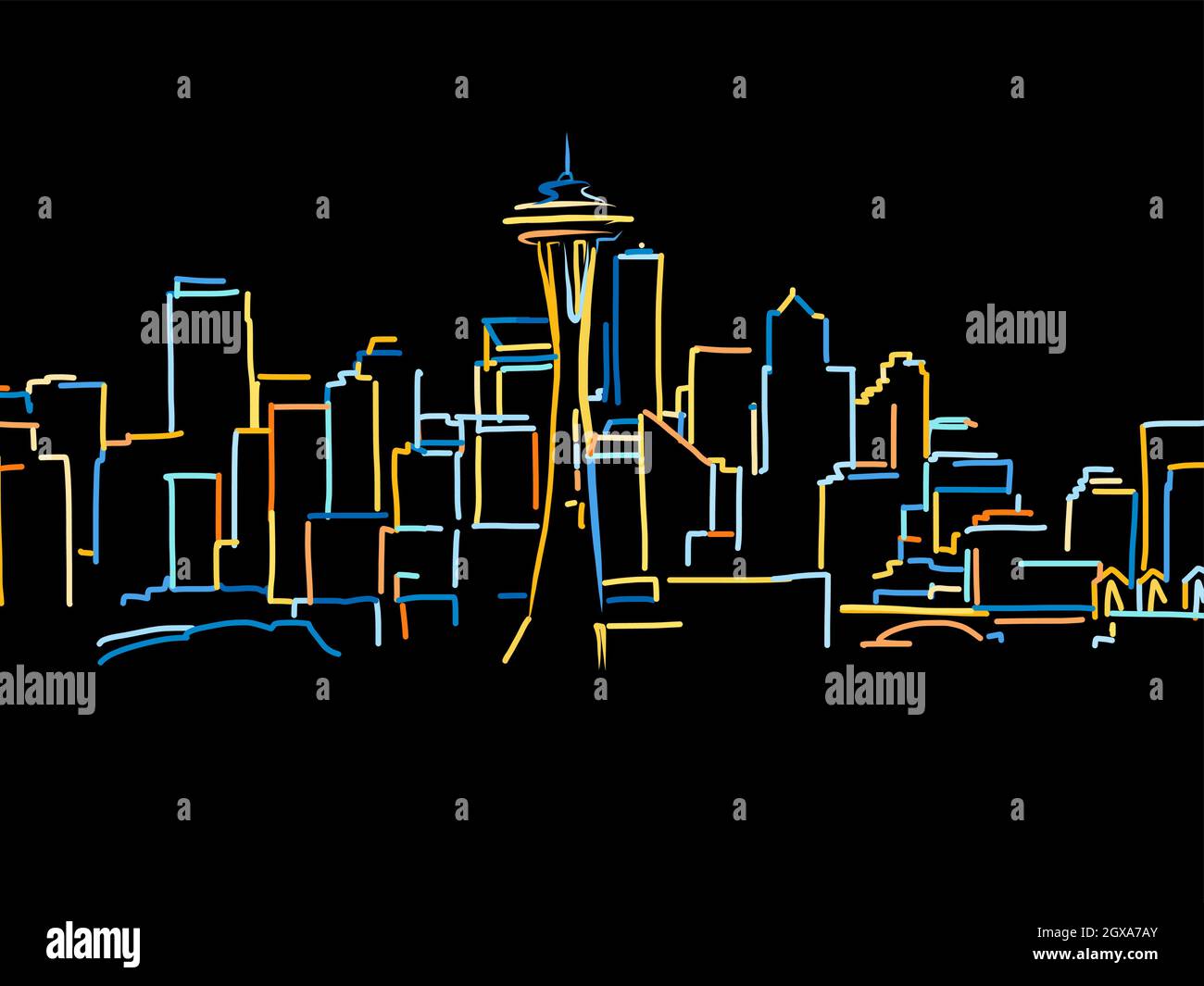 Colorful Seattle Panorama Drawing on black. Well crafted vector sketch ...