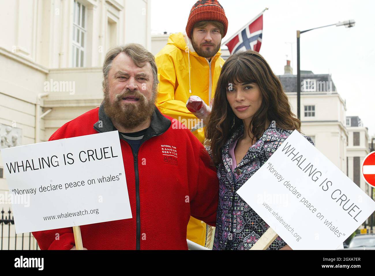 Lisa B and Brian Blessed pose beside lifesize replica harpoon mounted ...