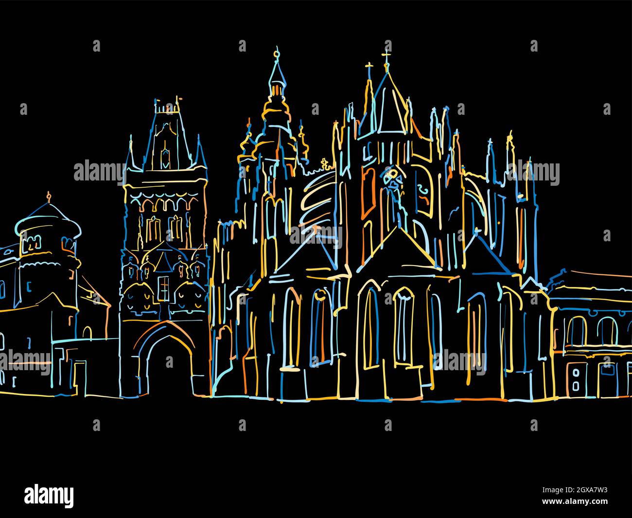 Colorful Prague Czech Republic Panorama Drawing on black. Well crafted ...