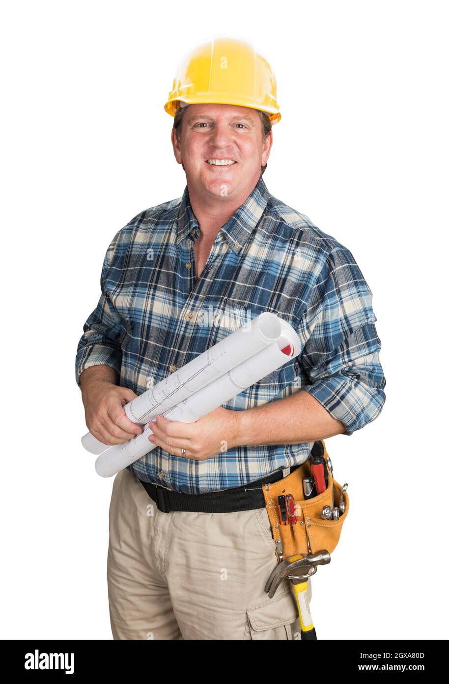 Male Contractor With House Plans Wearing Hard Hat Isolated on White ...
