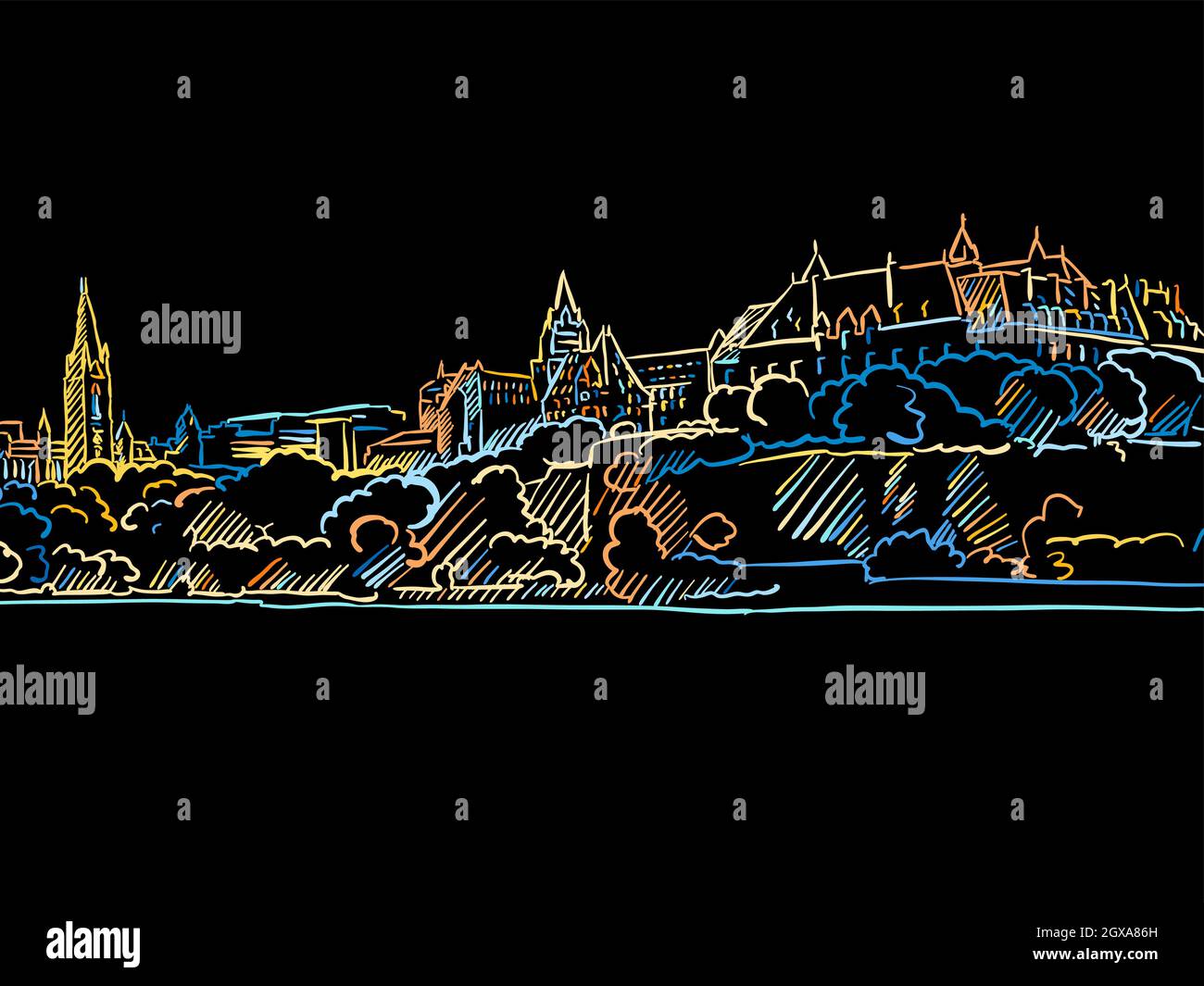 Colorful Ottawa Panorama Drawing on black. Well crafted vector sketch ...
