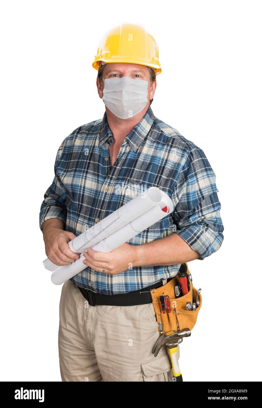 Male Contractor In Hard Hat Wearing Medical Face Mask During ...