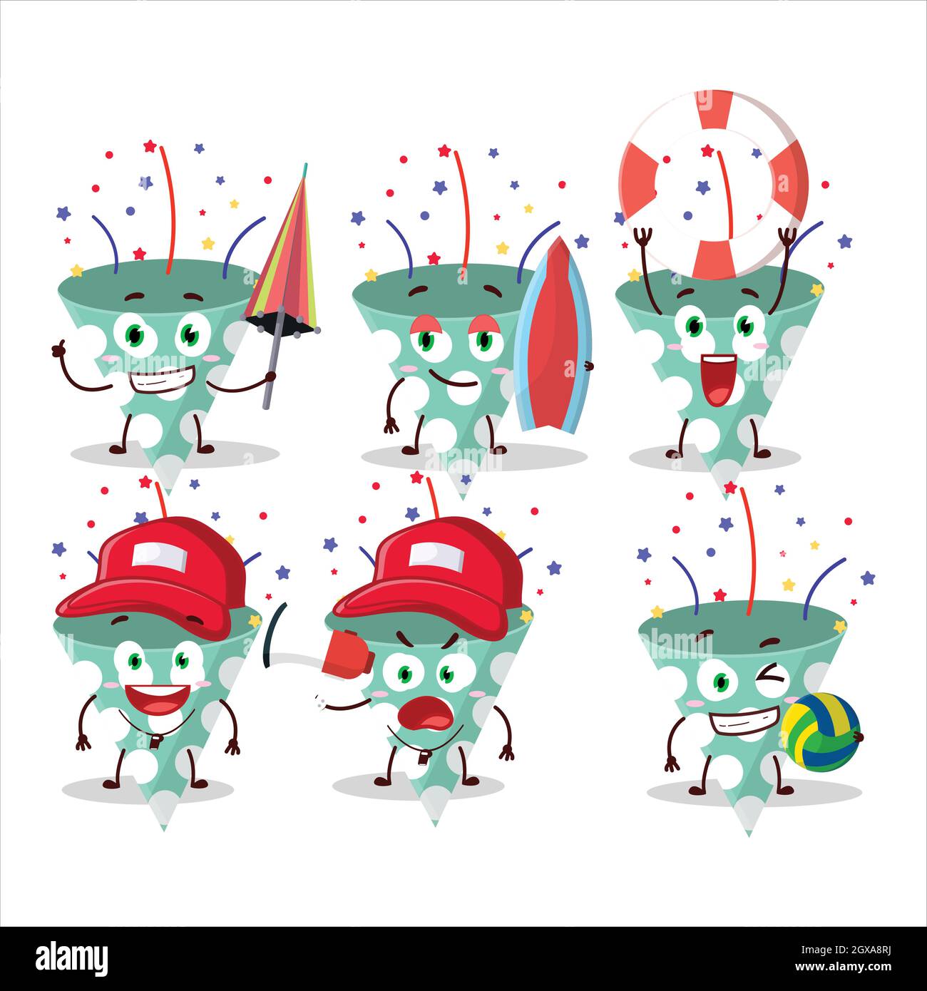 Happy Face green party popper with confetti cartoon character playing ...