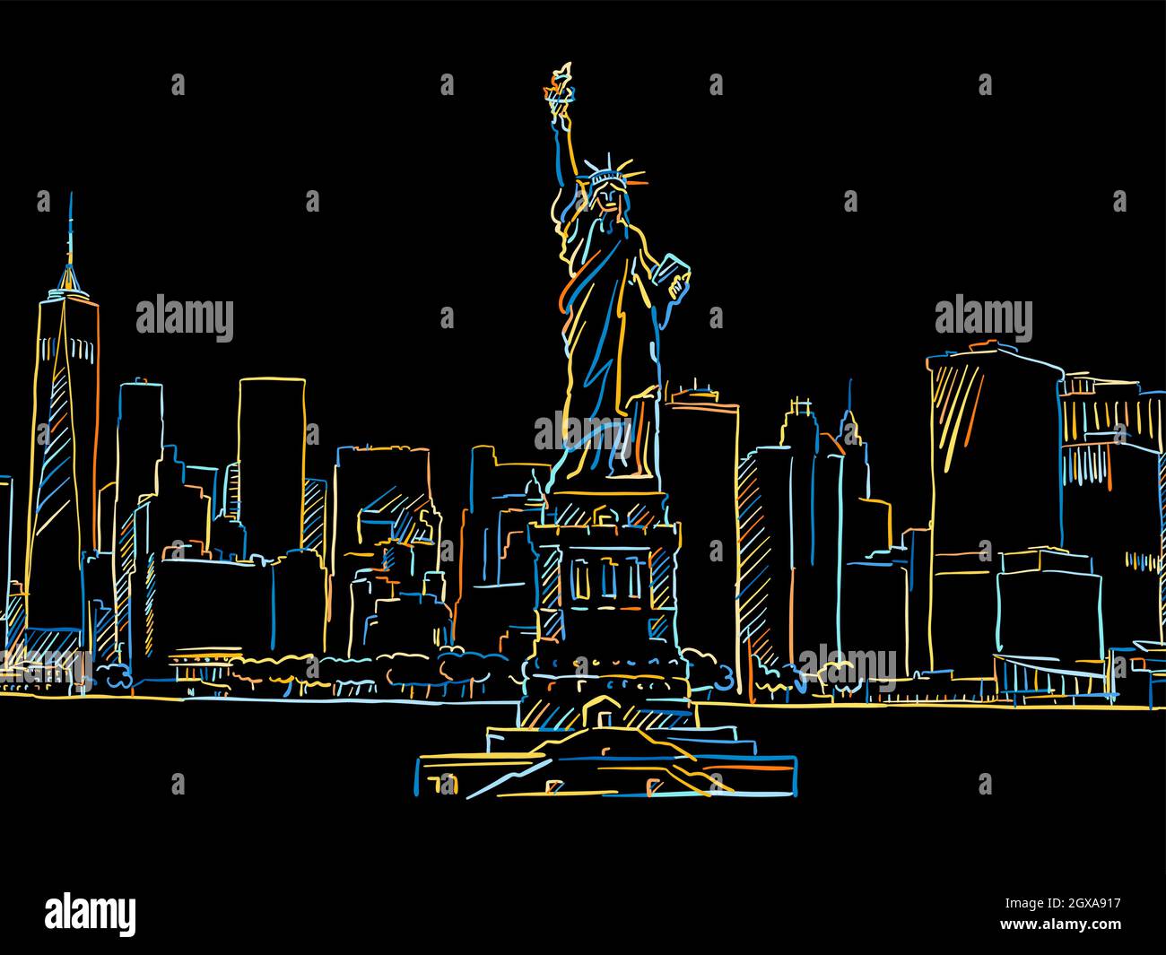 New York City Skyline At Night Drawing