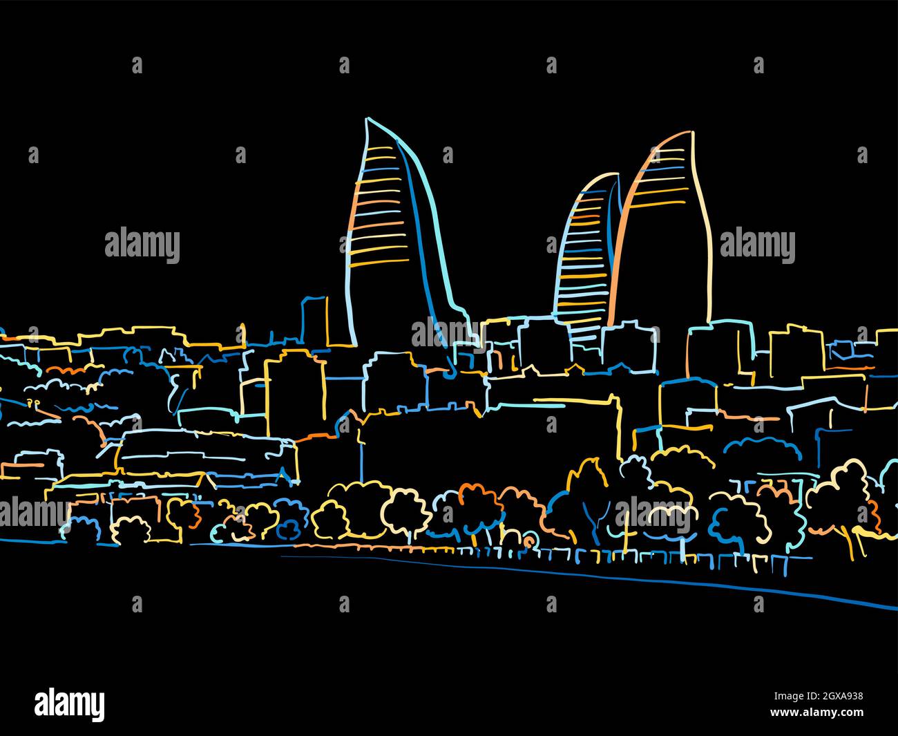 Colorful Baku Azerbaijan Panorama Drawing on black. Well crafted vector ...