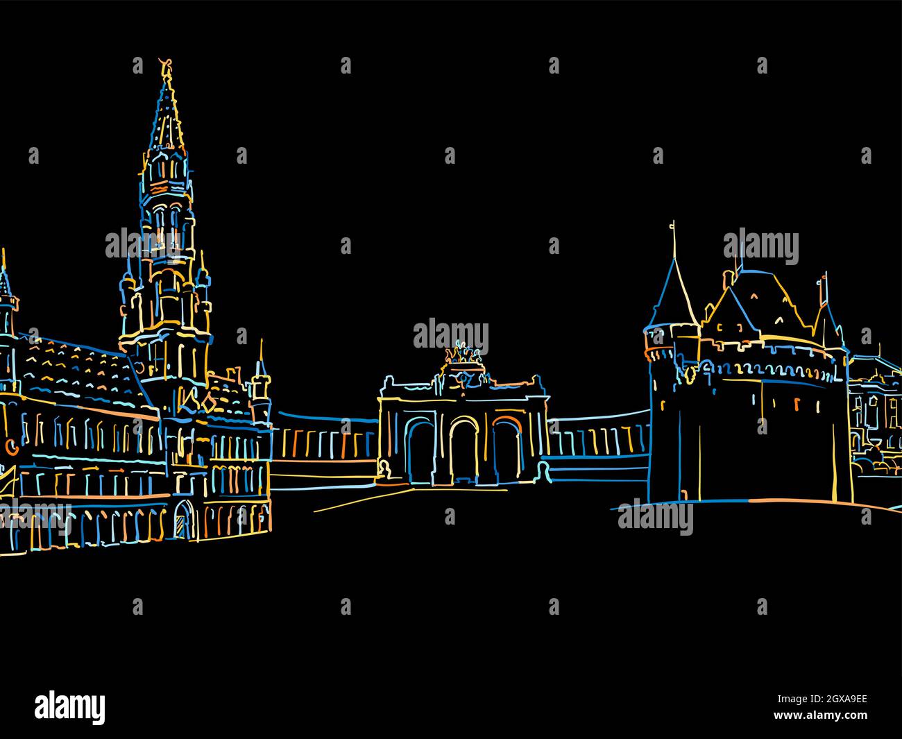 Colorful Brussels Belgium Panorama Drawing on black. Well crafted ...