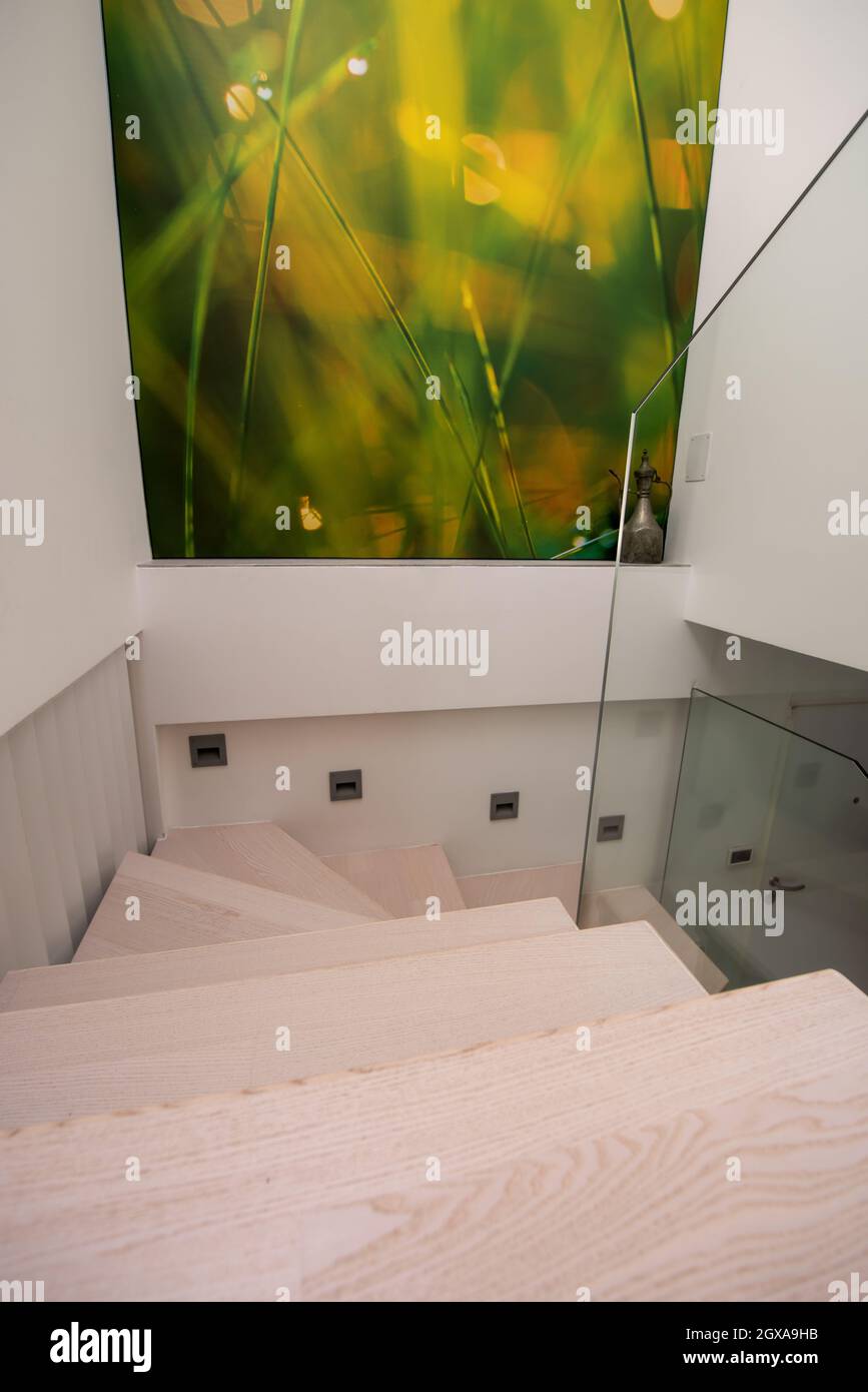 stylish interior with wooden stairs in big modern two level luxury ...