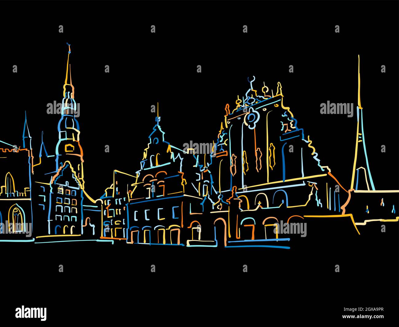 Colorful Riga Panorama Drawing on black. Well crafted vector sketch for ...