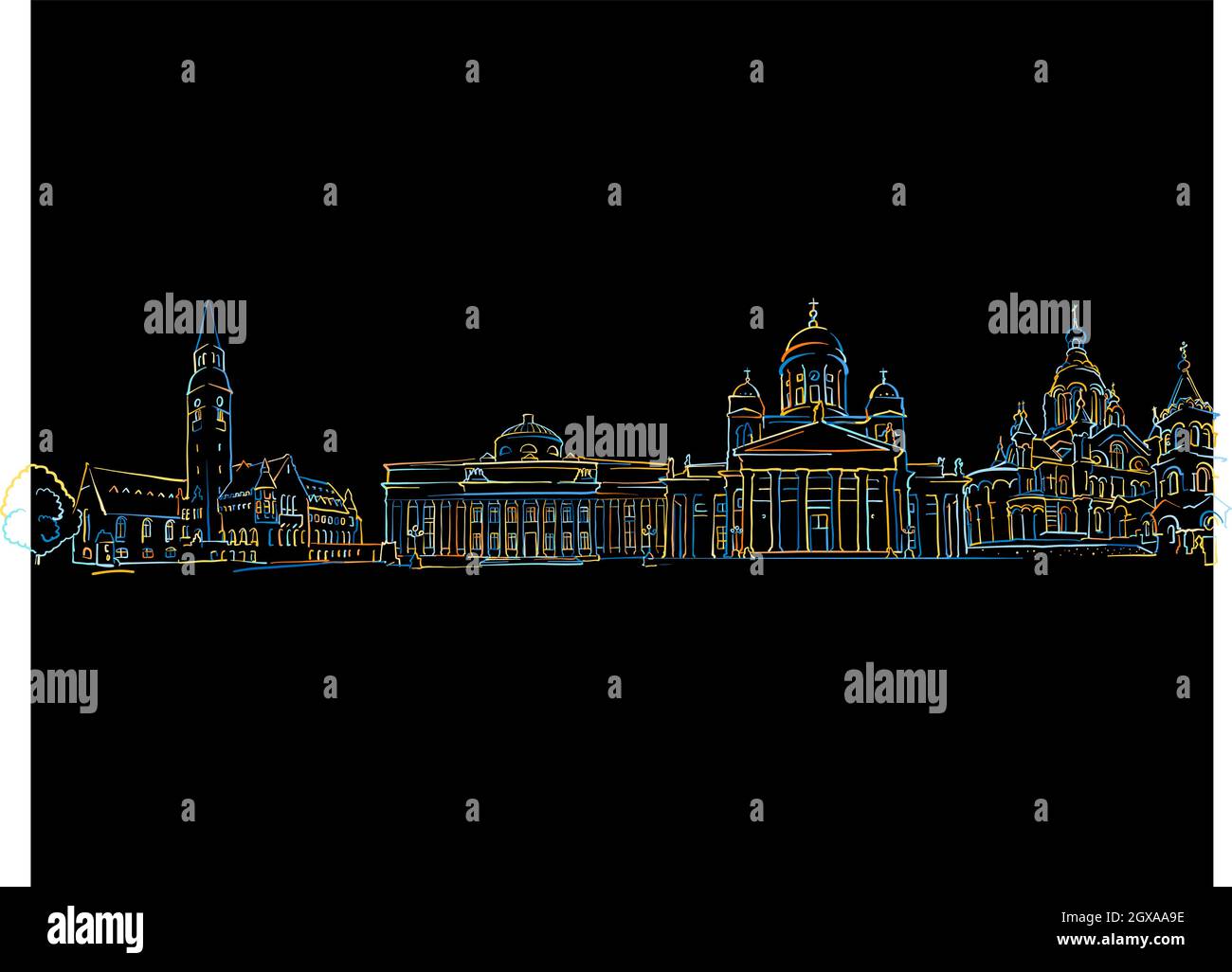 Colorful Helsinki Finland Panorama Drawing on black. Well crafted ...