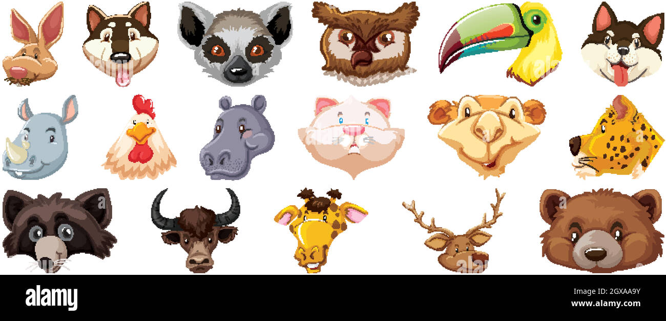 Set of different cute cartoon animals head huge isolated on white ...
