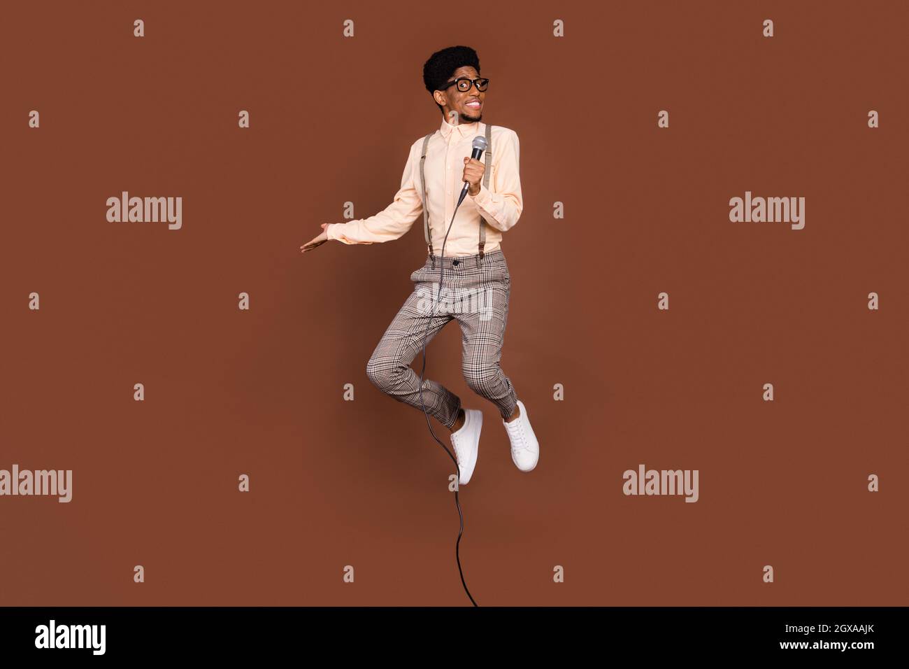 Full length body size view of attractive cheerful funny guy jumping ...