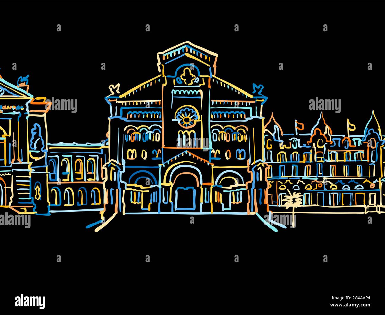 Colorful Monaco Drawing on black. Well crafted vector sketch for ...