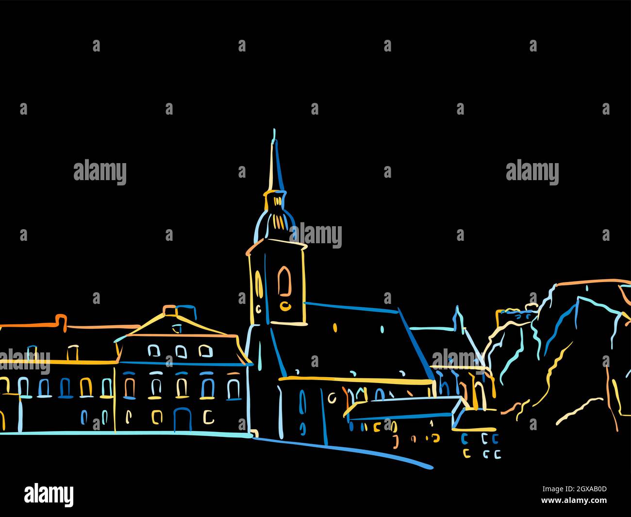 Colorful Bratislava Panorama Drawing on black. Well crafted vector ...