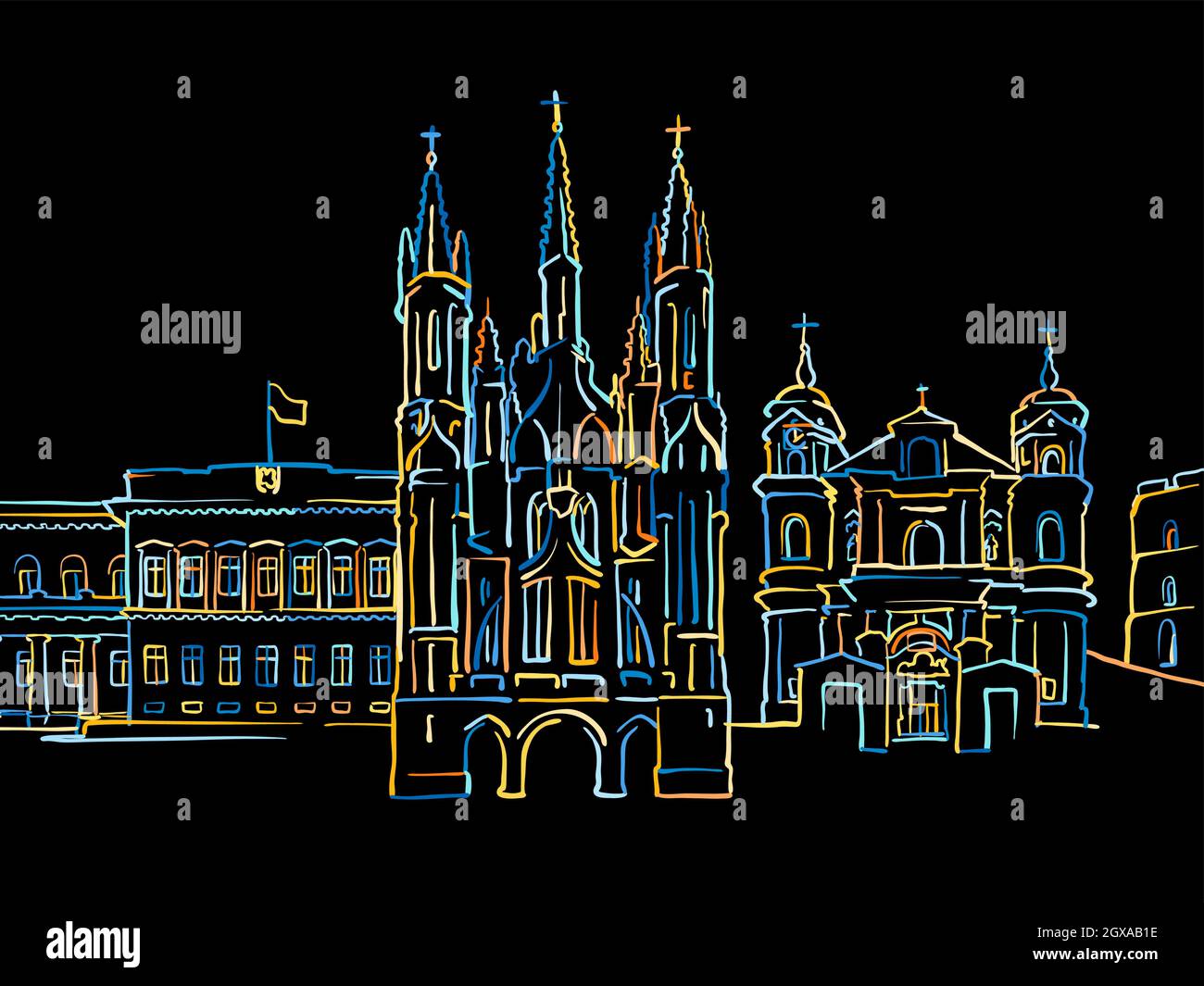 Colorful Vilnius Drawing on black. Well crafted vector sketch for ...
