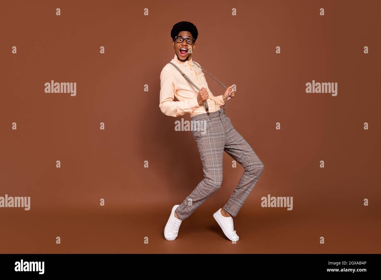 Full length body size view of attractive cheerful funky guy fooling ...