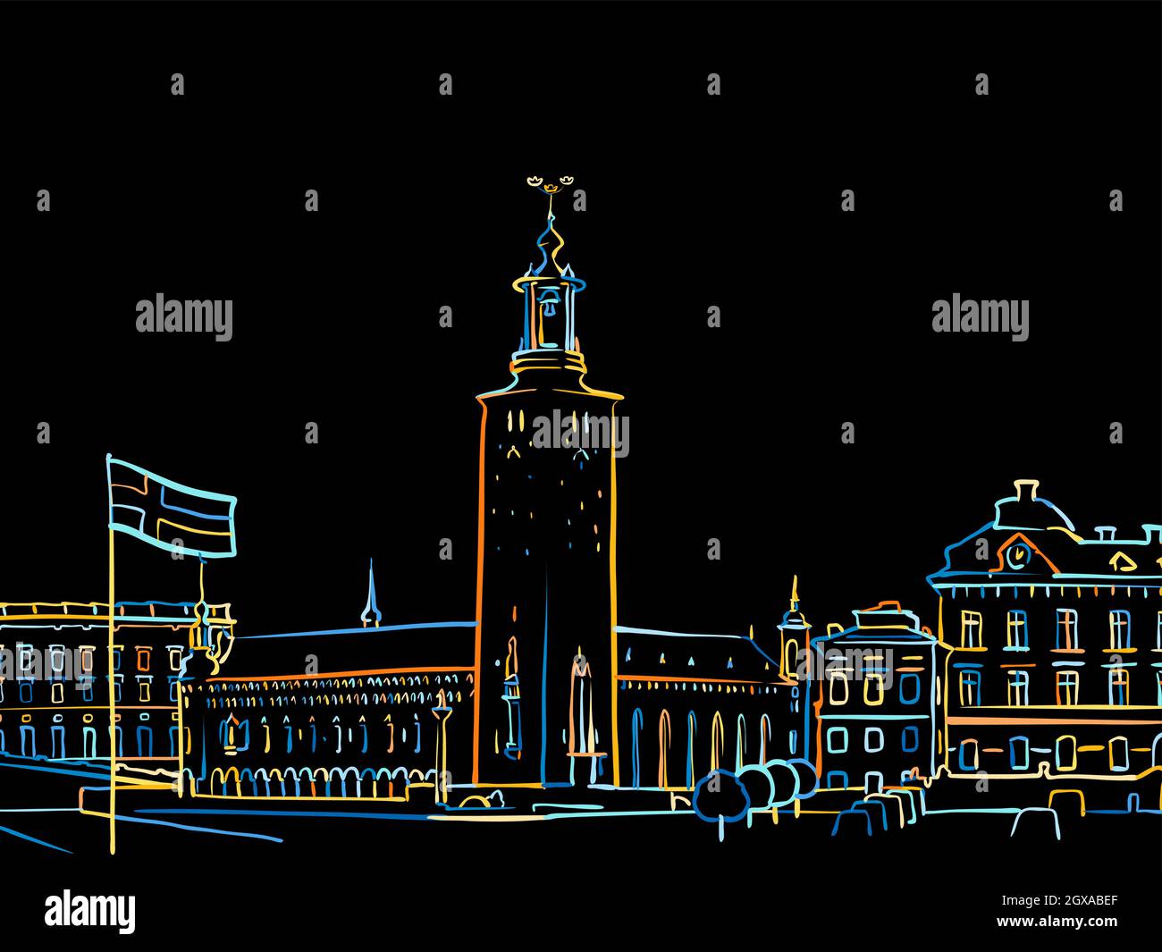Colorful Stockholm Panorama Drawing on black. Well crafted vector ...