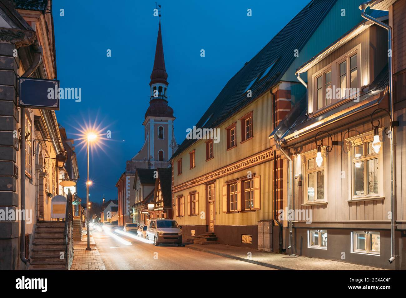 Parnu, Estonia. Night View Of Puhavaimu Street With Old Wooden Houses ... Parnu, Estonia. Night View Of Puhavaimu Street With Old Wooden Houses ...