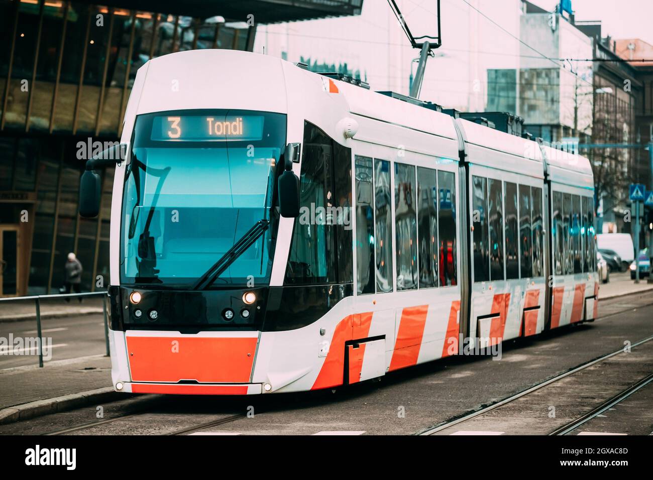 Tallinn, Estonia. Modern tram with the number of the third route in the ...