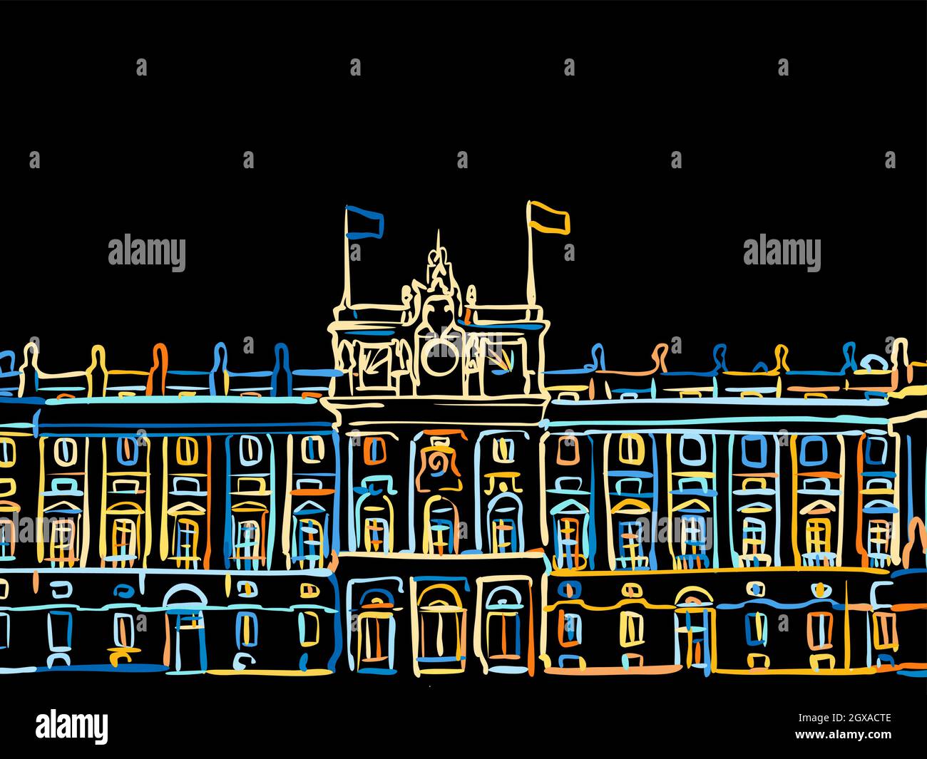 Colorful Madrid Panorama Drawing on black. Well crafted vector sketch ...