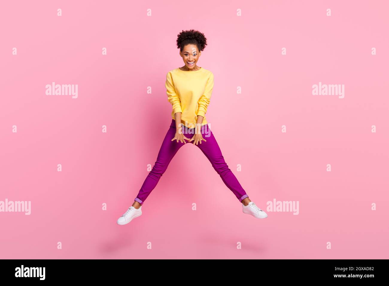 Full body photo of cute young brunette lady jump wear shirt jeans shoes ...