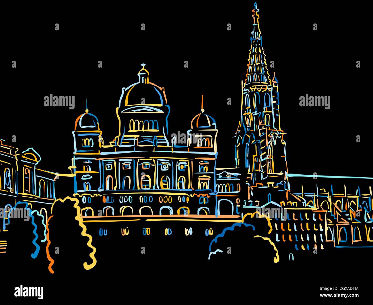 Colorful Bern Panorama Drawing on black. Well crafted vector sketch for ...