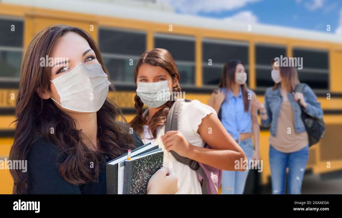 Students Near School Bus Wearing Medical Face Masks During Coronavirus ...