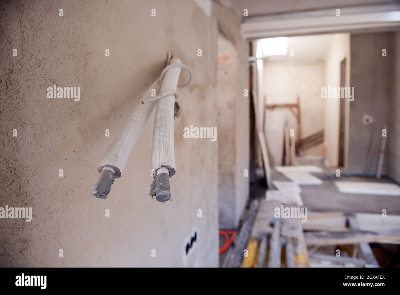 Socket back boxes with wires in a wall. Cabling background. electrical ...