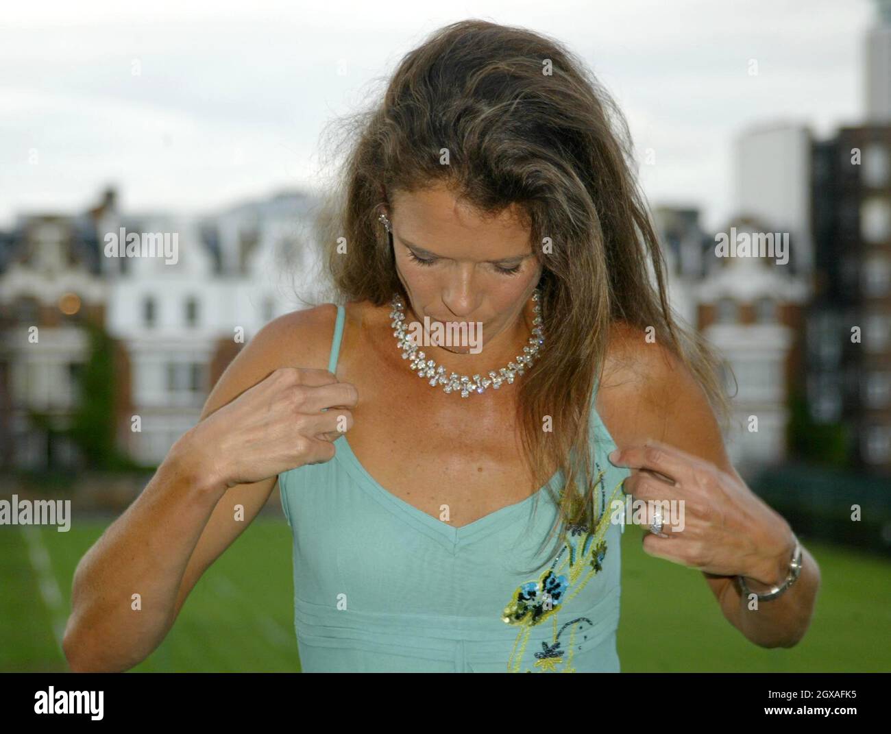 Annabel Croft photographed wearing a De Beer's diamond necklace which ...